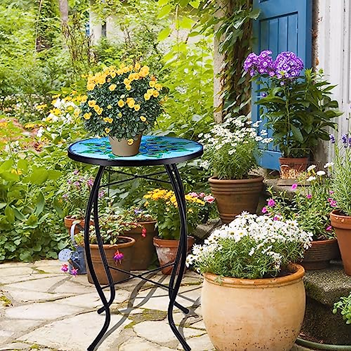 VCUTEKA Patio Side Table Outdoor Coffee Table Mosaic Accent Table Round Small End Table Bistro for Living Room Porch Balcony Backyard Garden Peacock Feather