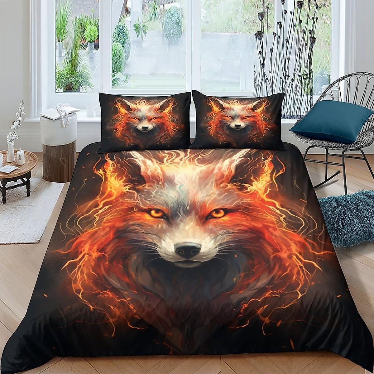 Fox Comforter Covers Quilt Cover 3D Print Fire Duvet Cover for Teens and Adults with Zipper Closure Bedding Set Soft Microfiber with Pillow Cases 2 Pieces Twin（173x218cm）