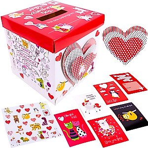 Hapinest 32 Valentines Day Cards for Kids with DIY Mailbox for Classroom Exchange - 1 Card Box, 32 Valentines, 6 Craft Paper Hearts, and 3 Sticker Sheets