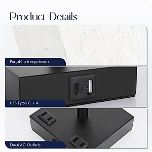 Touch Control Table Lamps Set of 2 - Nightstand Lamp for Bedroom with USB C+A Charging Ports & AC Outlets, 3-Way Dimmable Bedside Lamp Grey Fabric Shade for Bedroom Living Room, Office(Bulb Included)