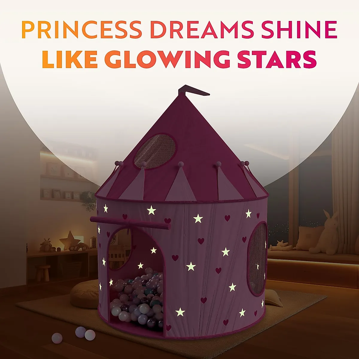 Playz 5-Piece Princess Castle Girls Pop Up Play Tent & Dress Up Costume Bundle - Playhouse Gift for Girls & Toddler for Indoor & Outdoor Use with Pink Fairy Tale Carrying Bag & Glow in The Dark Stars