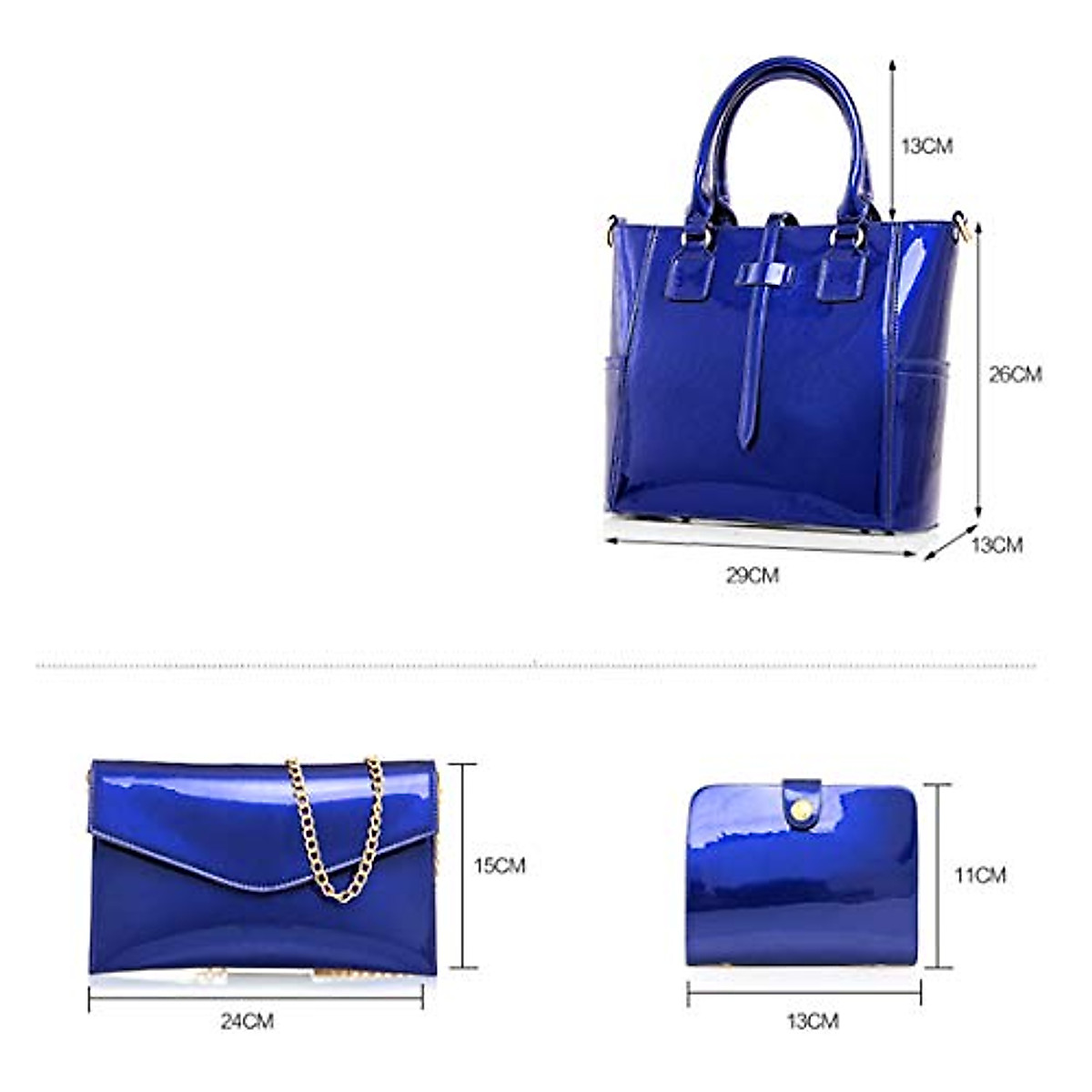 Yan Show Women's New Zipper Bag 3PCS Handbags Patent Leather Fashion Shoulder Bag Large Capacity Handbag, Blue