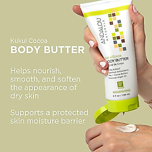 Andalou Naturals Body Butter, Kukui Cocoa Nourishing Body Cream, 8 Oz, Shea Butter, Cocoa Butter & Argan Oil for Dry Skin, Vegan