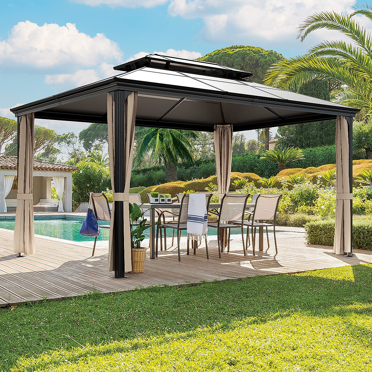 Flamaker Hardtop Gazebo Aluminum Frame Outdoor Gazebo with Privacy Curtains and Gauze Mesh Sunshade Pavilion Double Roof Canopy for Patio, Lawn, Deck, Poolside (Polyurethane Roof, 10' x 13')