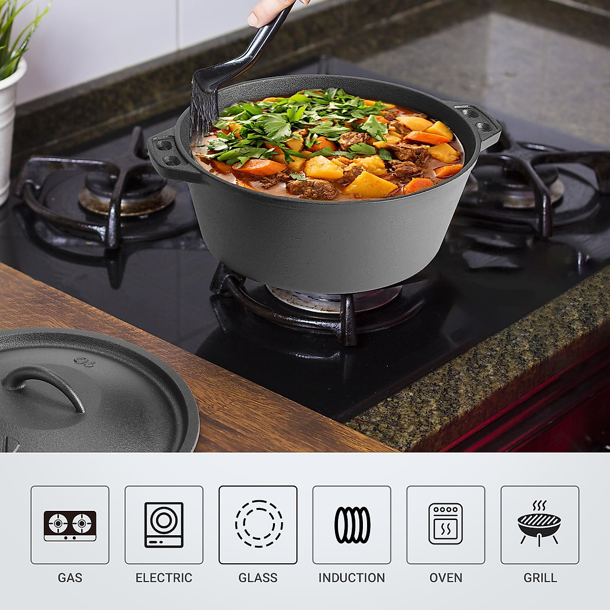 Pre-Seasoned Cast Iron Dutch Oven Pot with Lid, for Braising, Broiling, Frying, Sourdough Bread Baking, Camping Cookware, BBQ,3 Quart Pan