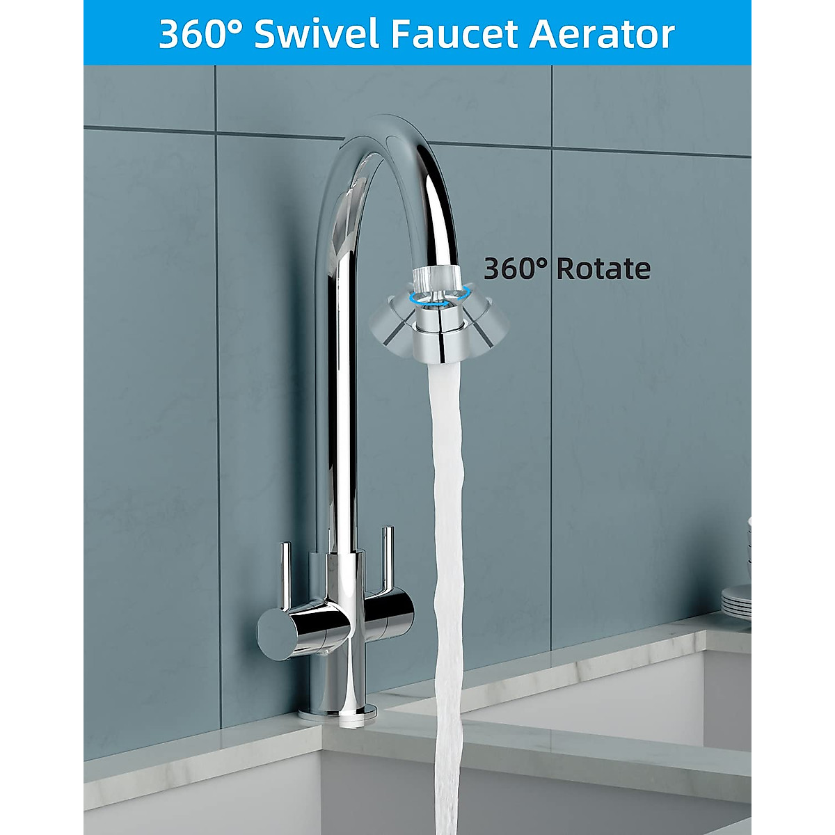 Hibbent 2 in 1 Faucet Aerator with Adapter, Connect to Garden Hose/Other 3/4 Inch Thread Hose, Big Angle Swivel Kitchen Sink Faucet Aerator with Movable Lid to Cover the Thread-Polished Chrome