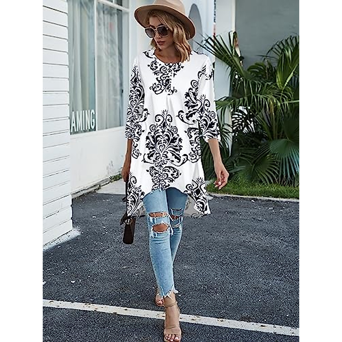 Naggoo Womens 3/4 Sleeve V Neck Button Casual Loose Flowy Swing Tunic Tops Basic Tee Shirts for Leggings L White