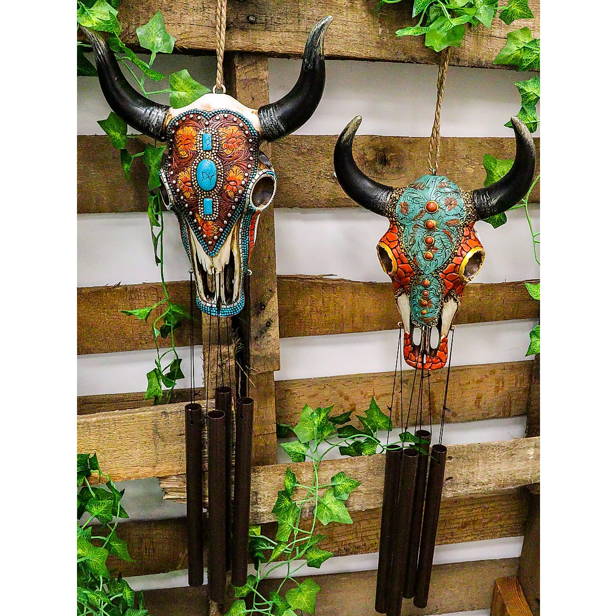 Ebros Gift Pack of 2 Rustic Western Faux Tooled Leather Ornate Bison Cow Skull with Turquoise and Ember Gems Decorative Wind Chimes Garden Patio Mobile Figurines Country Tribal Southwestern Accent