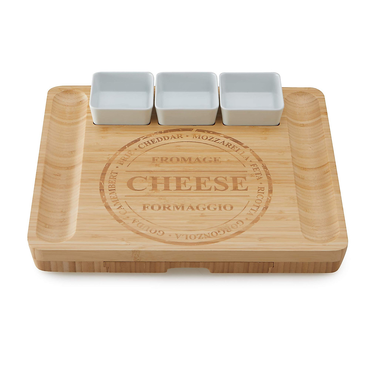 Vistella Charcuterie Cheese Board - Natural Bamboo Platter with drawer and Ceramic Bowls - Knives and Forks Set with Chalk Signs - Thicker Wider and Modern
