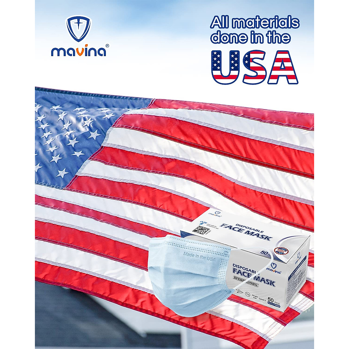 MAVINA Adult Face Masks Disposable Made in USA, 3 Ply Face Mask Breathable ASTM Level 2 Disposable Face Masks for Adults Women Men, Blue Facemask 50 Pack