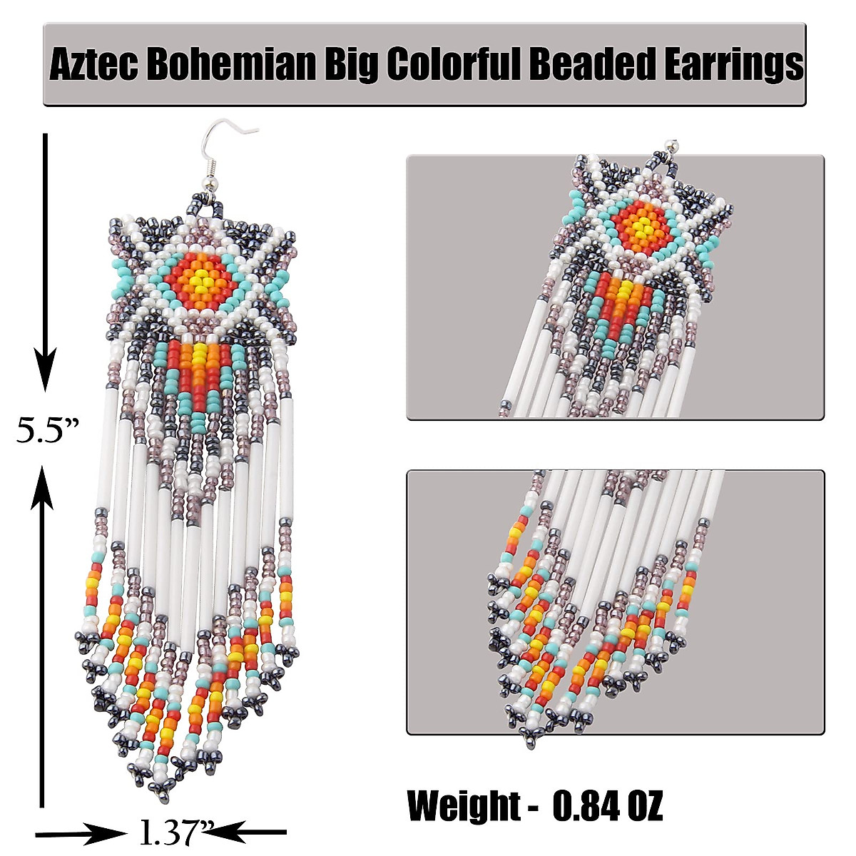 Long Beaded Tassel Earrings – Big Aztec Fringe Bead Drop Dangle Earrings, Bohemian Seed Tube Bead Tribal Earrings Statement, Pendientes De Borla, Idea for Women, Sister, Lover, Outfit, Daily Wearing (Colorful Aztec Earrings)