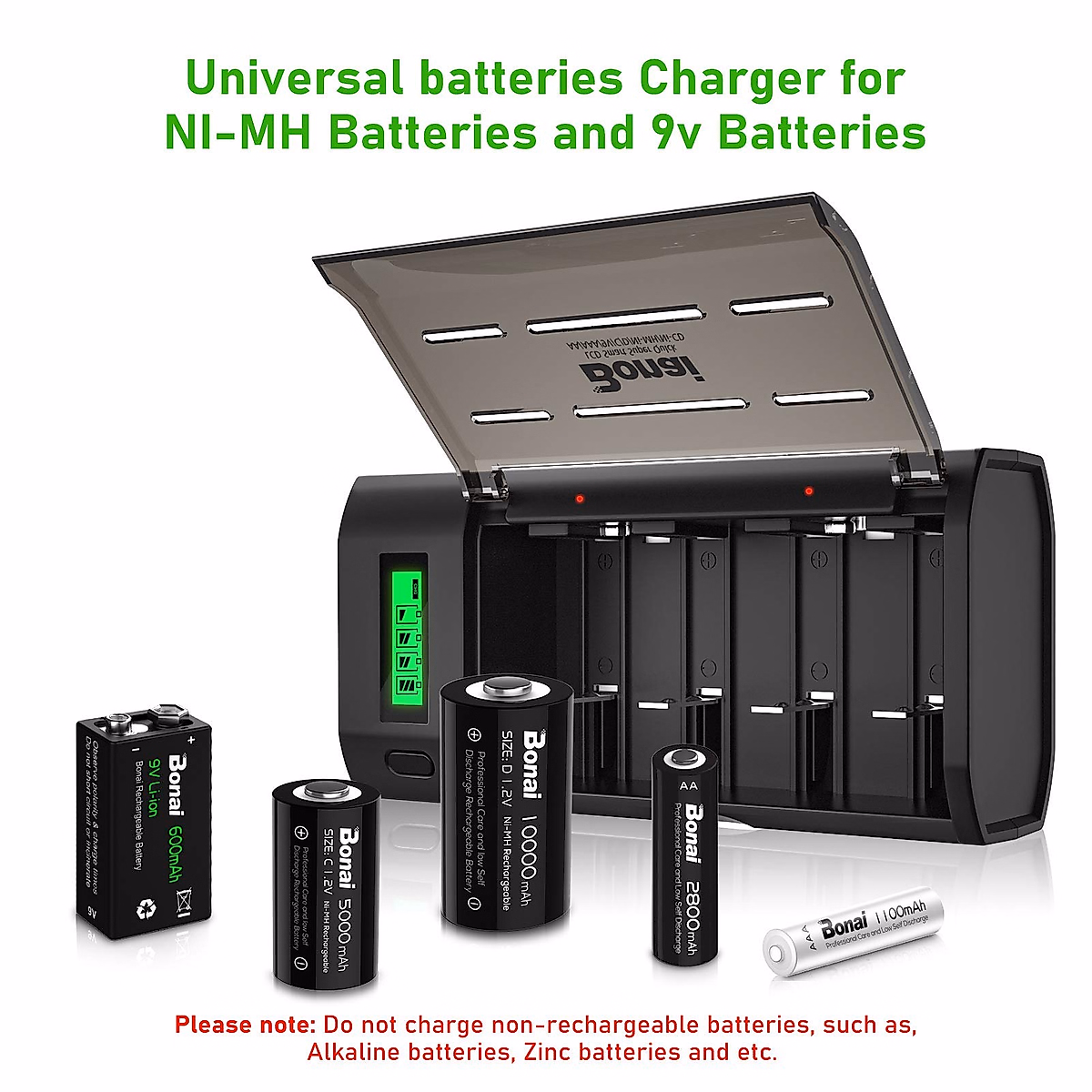 BONAI LCD Universal Battery Charger for AA, AAA, C, D, 9V Ni-MH Ni-CD Rechargeable Batteries with Rechargeable D Cells 10,000mAh 1.2V Ni-MH High Capacity High Rate D Size Battery (4-Counts)
