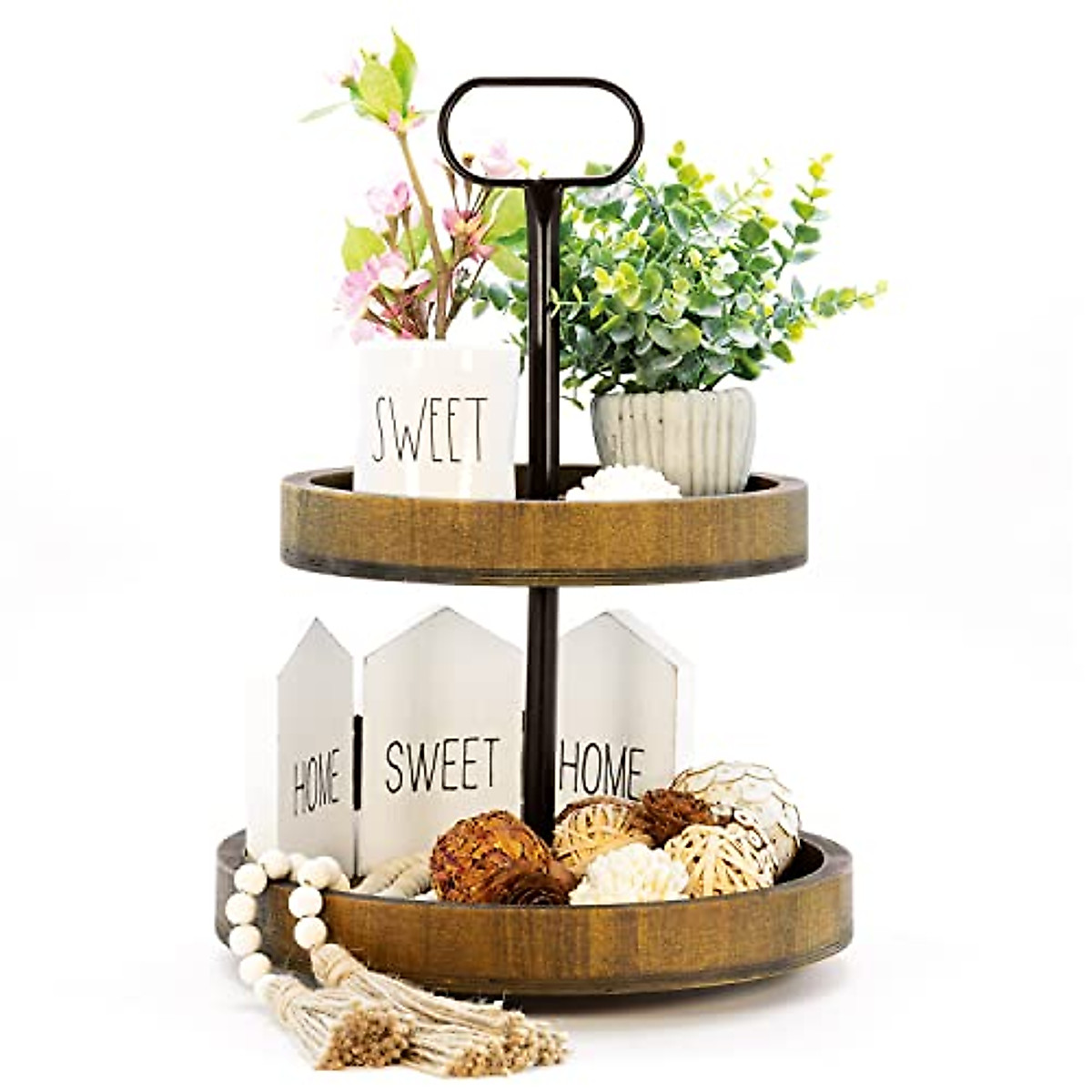 Tiered Tray Stand - 2 Tier Tray for Fruit, Cupcakes & More - Farmhouse Tiered Tray Decor Holder - 2 Tiered Tray Stand Farmhouse Tray - Wooden Trays for Decor - Two Tiered Serving Tray - Two Tier Tray