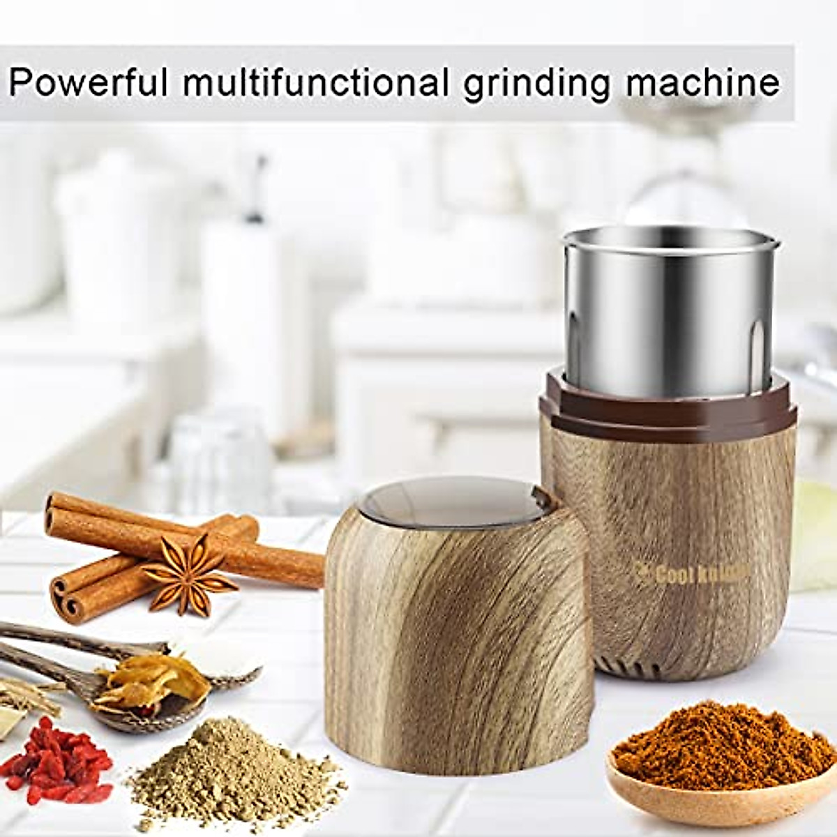 COOL KNIGHT Herb Grinder Electric Spice Grinder [Large Capacity/High Rotating Speed /Electric]--Electric Grinder for Spices and Herbs (Wood grain 2)