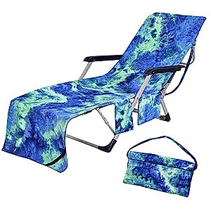 Wensdr Beach Chair Cover with Side Pockets Pool Towel Chaise Lounge Cover Microfiber Tie Dye Beach Towel for Holidays, Sunbathing (Blue)