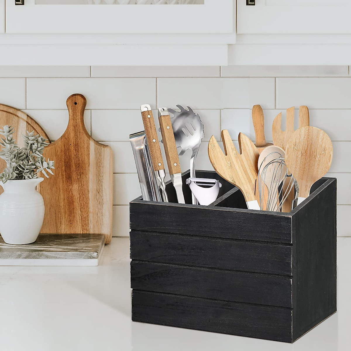 Utensil Caddy Cutlery Organizer Silverware Holder, Kitchen Cooking Utensil Crock Holder for Countertop,Large Utensil Flatware Organizer Storage Box with 2 Compartments,Utensil Crock Organizer Counter…