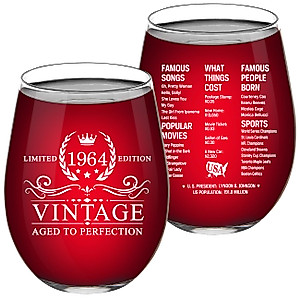 60th Birthday Gifts for Women Men - Vintage 1964 Limited Edition Stemless Wine Glass 15 oz- 60 Year Old Women Gifts -60th Birthday Gift and Home Use - 60 Year Old Birthday Party Decorations - 1 PACK
