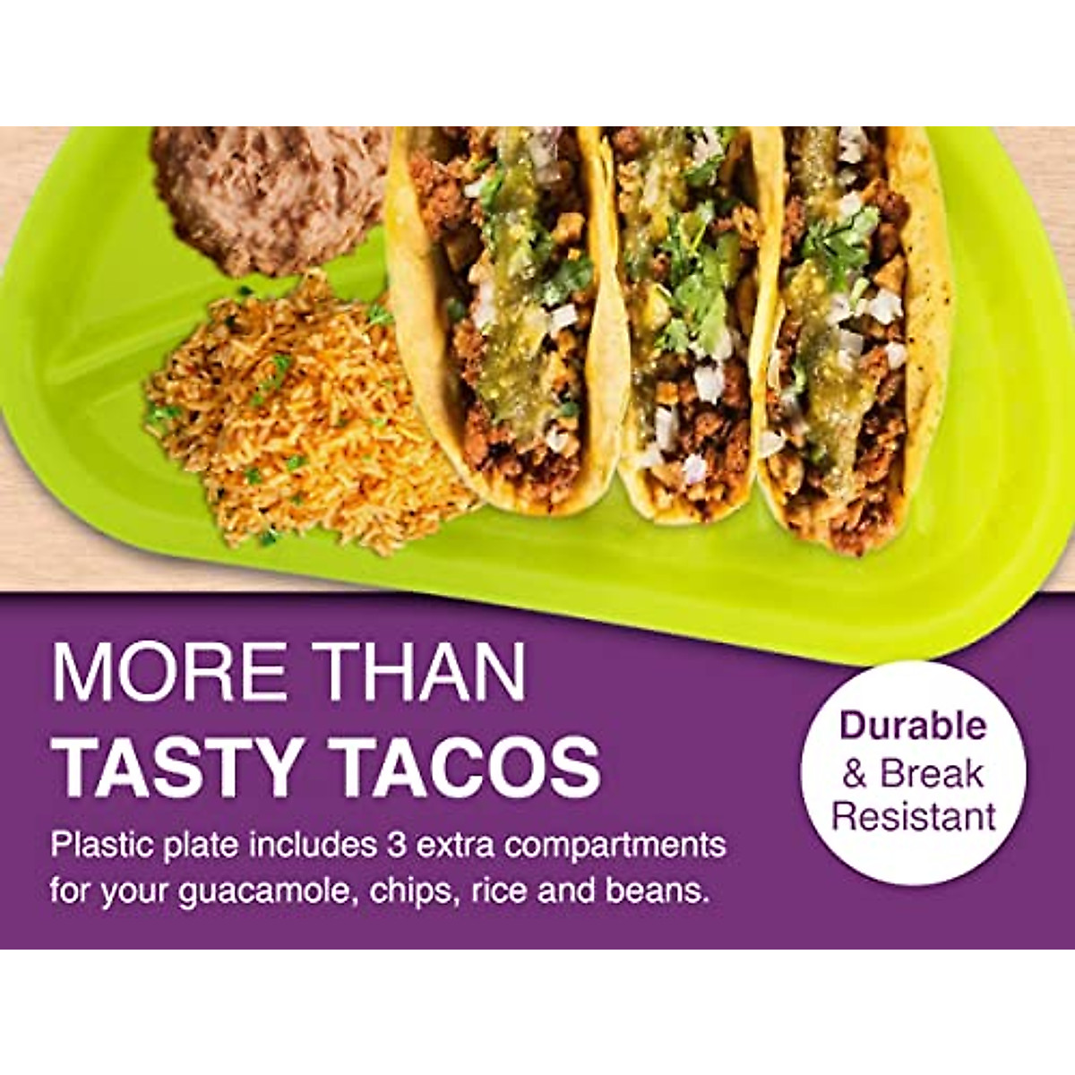 Fiesta Taco Plate by Arrow Home Products, 4 Pack - Each Plate Includes 3 Taco Holders Plus 2 Compartments - BPA Free Plastic, Made in the USA, Dishwasher Safe - Lime Green