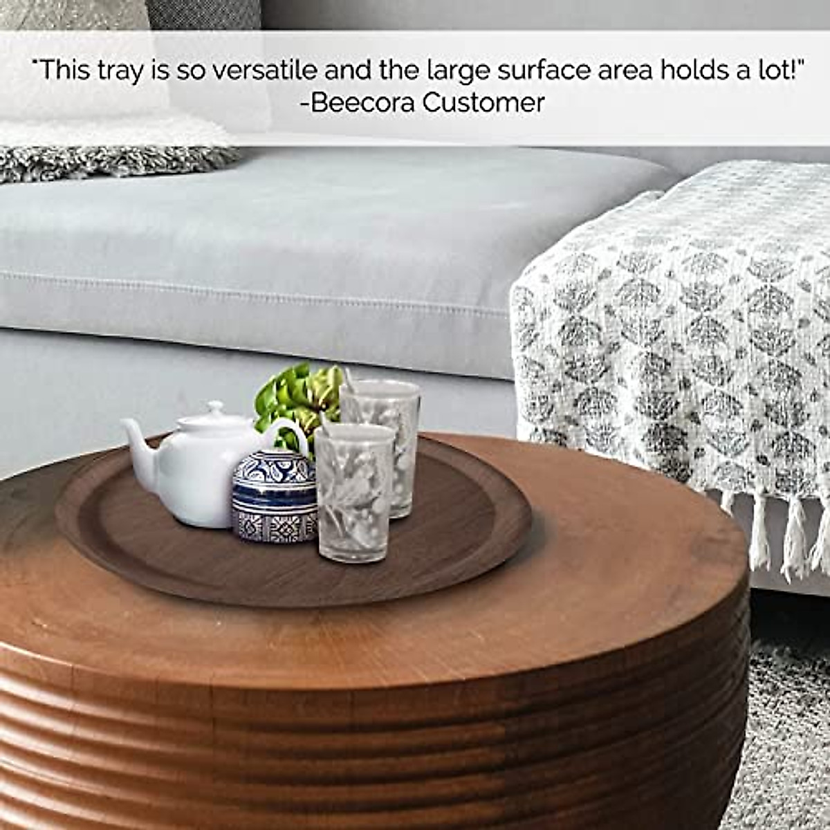 BEECORA Serving Tray Charcuterie Board -Round 15.5" Large Thin Food Platter w/Bonus Snack Tray for Party Host Entertaining Light Server Butter Board Kitchen Ottoman Tray Decor