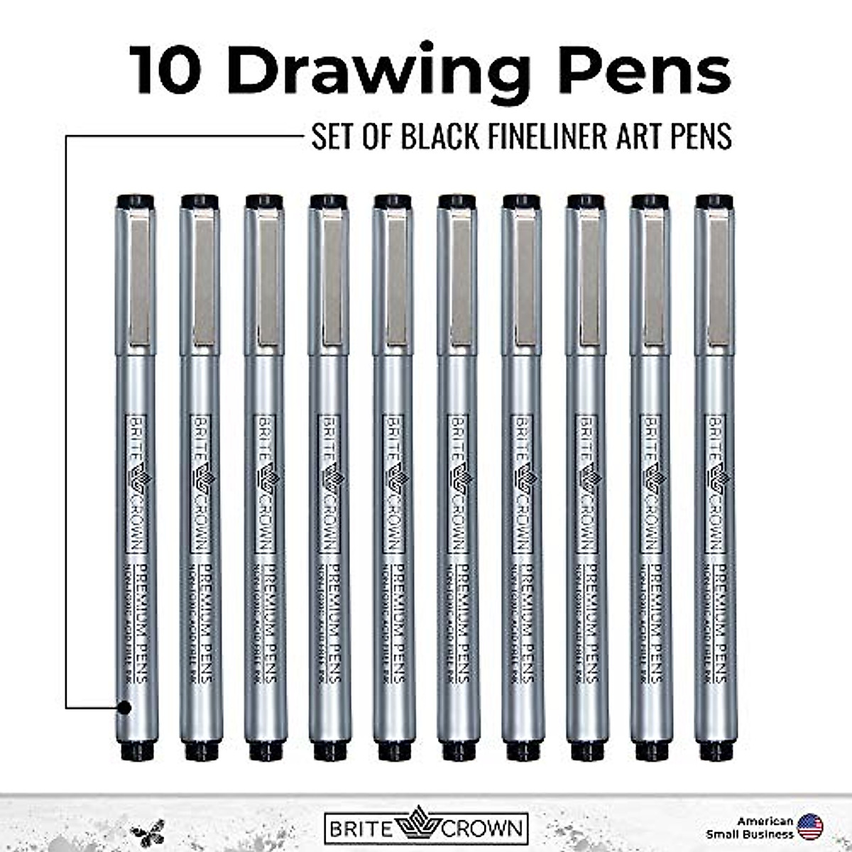 Brite Crown Drawing And Sketching Pens Set - 10 Black Fineliner Pens 0.2mm To 1.0mm Width Tips & 2.5mm Micro Calligraphy Brush-tip Pen, Ideal Gift Idea For Artists And Beginners