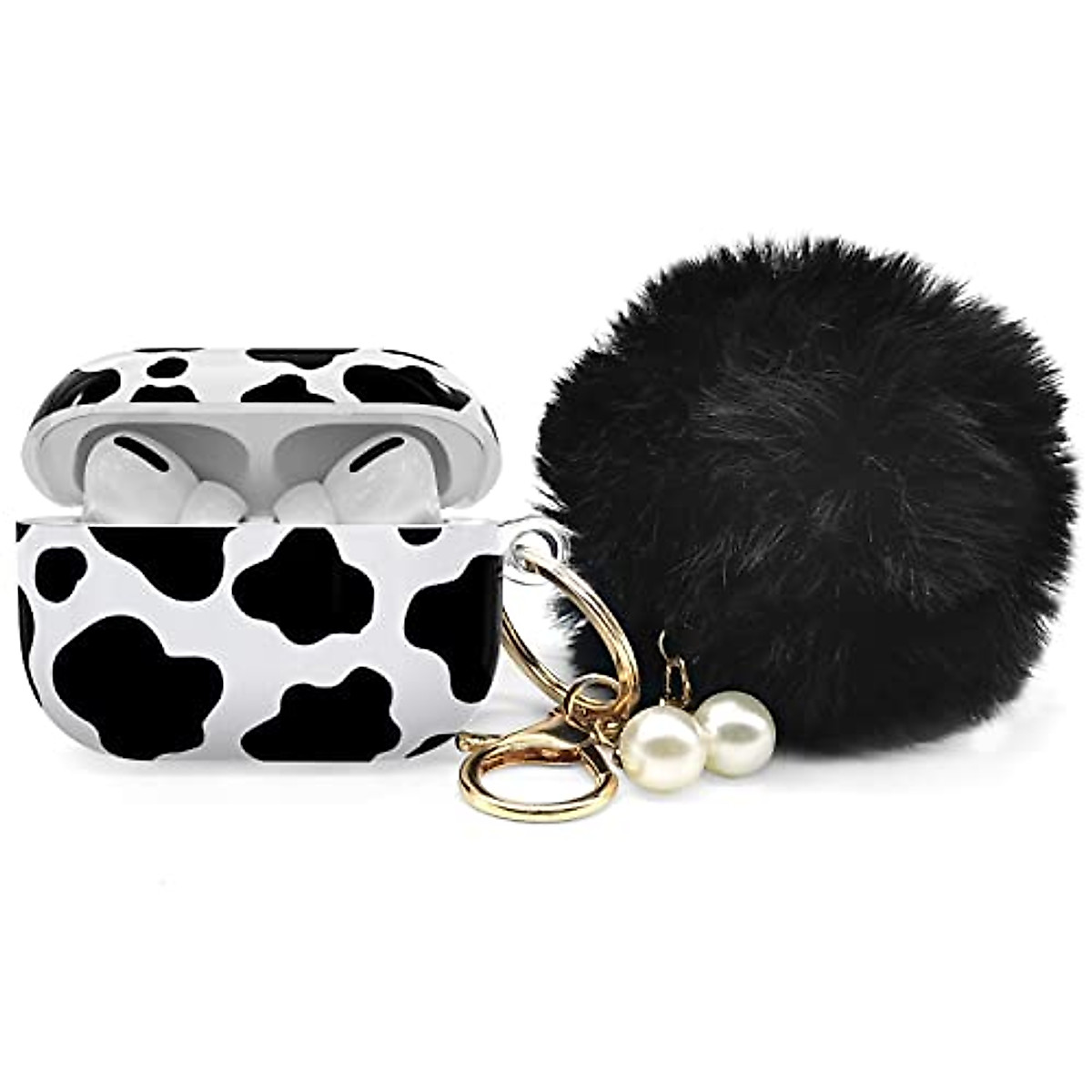 Lopnord for AirPods Pro Case Cute, Cover for AirPods Pro Case Cover Cute with Keychain for Women Girls, Hard Protective Skin with Keychain Pom pom Ball for Airpod Pro Charging Case Accessories(Cow)