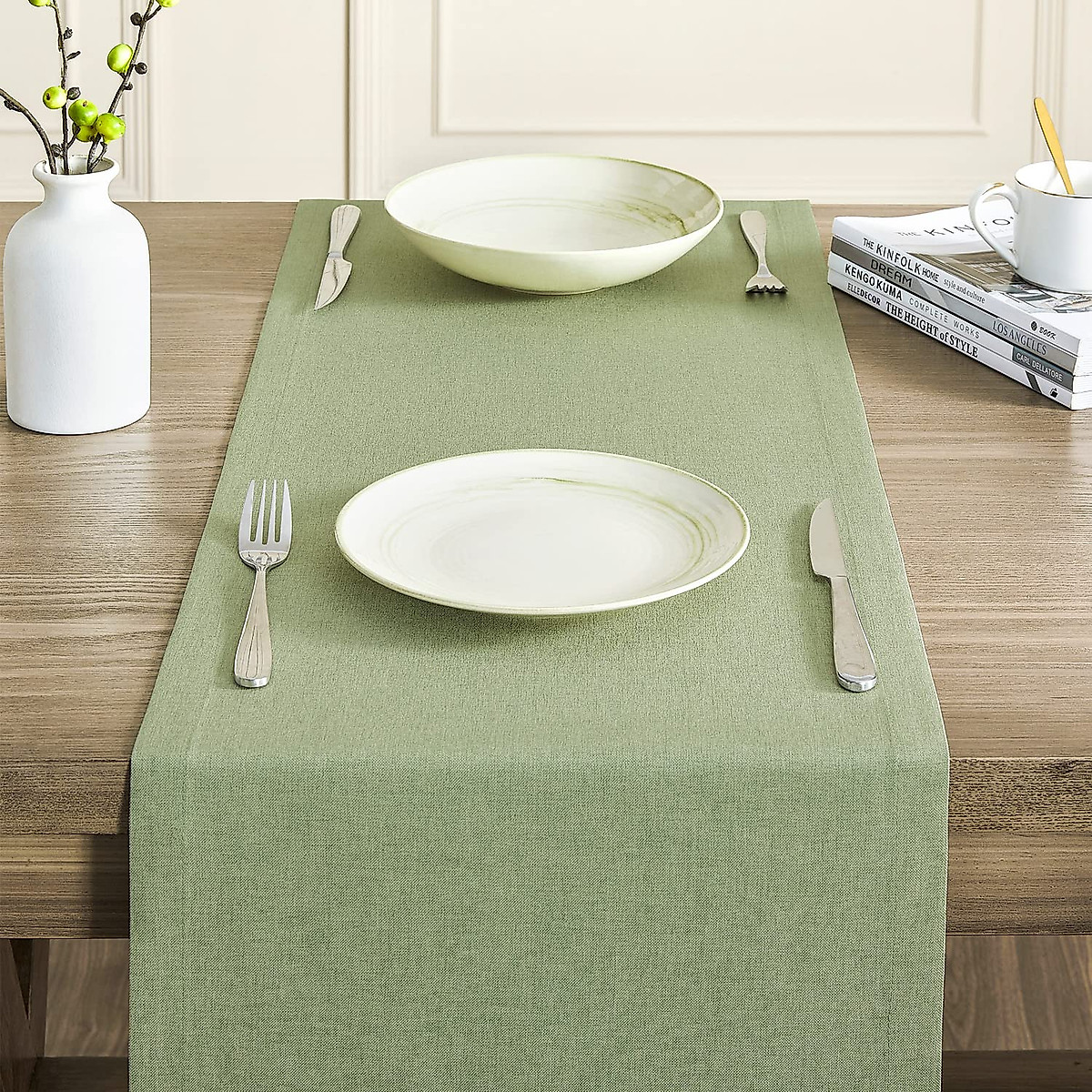 ZeeMart Basic Linen Style Table Runner, 14 x 72 Inch Sage Green, Rustic Farmhouse Green Table Runners 72 Inches Long, Everyday Polyester Table Runner - Machine Washable & Easy Care