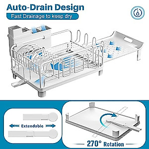 caktraie Dish Drying Rack - Expandable Dish Rack for Kitchen Counter, Rust-Proof Kitchen Dish Drying Rack with Utensil Holder, Cups Holder, White