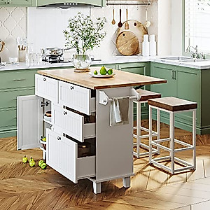 Polibi 3-Piece Kitchen Island Set with Drop Leaf Table and 2 Stools, 5 Drawers, Dining Table Set with Storage Cabinet, Drawers and Towel Rack,White