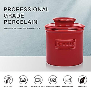 AVLA 2 Pack Ceramic Butter Crock, French Butter Dish with Water Line, Butter Keeper Butter Container for Countertop, Big Capacity, Red