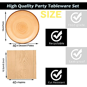 80Pcs Wood Grain Party Supplies Rustic Wood Grain Party Set 7"Wood Grain Paper Plate Wood Slice Napkins for Camp Fire Camping Woodland Animal Baby Shower Lumberjack Birthday Party Decorations|Serve 40