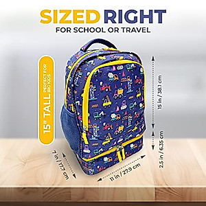 Backpack with Lunch Box for Boys, Cute 15” Boy Backpacks and Integrated Lunch Bag with Water Bottle Pocket Holder, Insulated Padded Travel Bags Boxes for Elementary School Kids, Blue Yellow Trucks