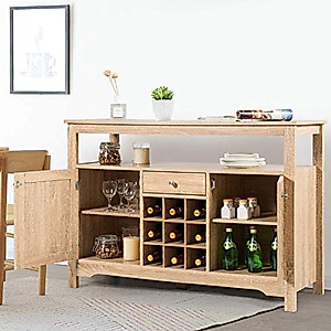 ReunionG Buffet Sideboard, Wine Console Table, Wooden Kitchen Organizer w/2 Cabinets, 1 Drawer and 9 Wine Cabinets, Farmhouse Storage Cupboard, Wine Rack, Server Table, Dining Room Furniture (Natural)