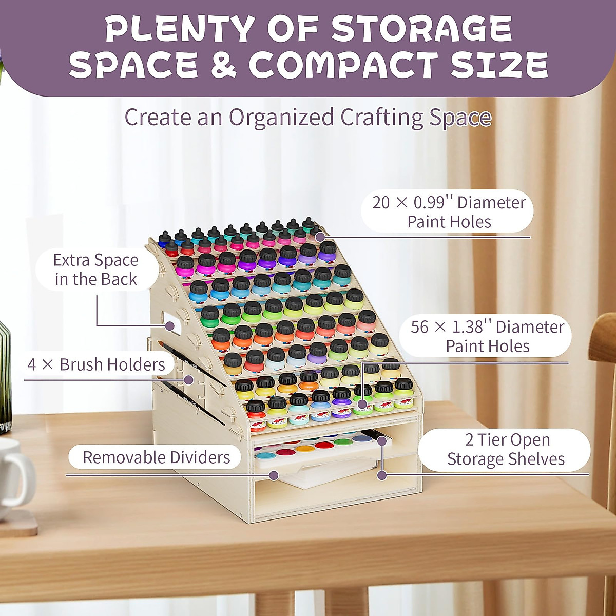 jxgzyy Wooden Paint Organizer Paint Rack with 2 Tier Open Shelves Paint Holder for 76 Paint Bottles 8 Paint Brush Craft Organizer and Storage for Art Tools Ink Bottles Miniature Paint