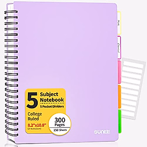 SUNEE 5 Subject Notebook College Ruled - 300 Pages, 8.2"x10.8", Spiral Lined Notebook with 5 Pocket Colored Dividers, 3-Hole Punched Paper, Purple Notebooks for School Supplies, Home & Office, Writing Journal