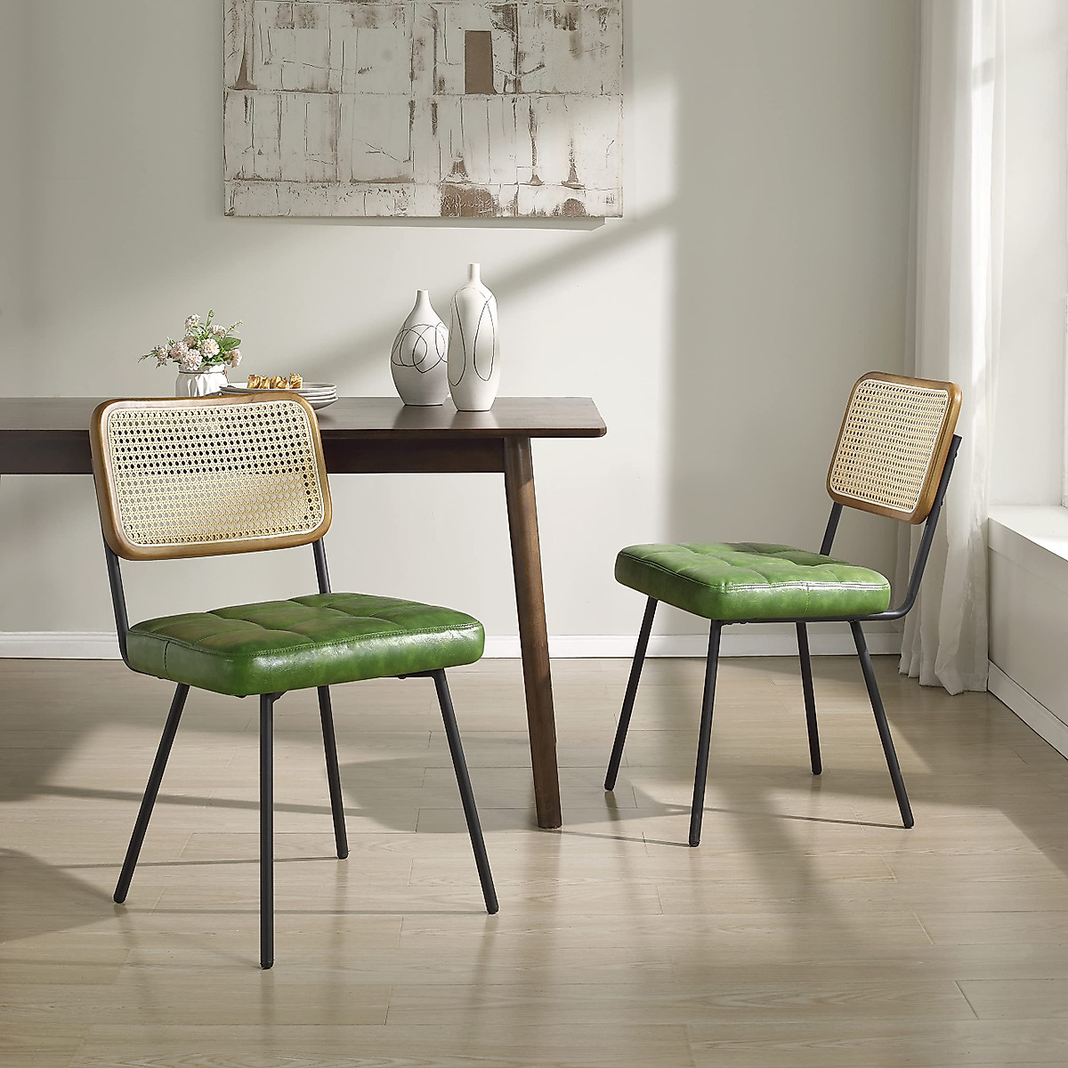 Art Leon Faux Leather Indoor Kitchen Dining Chairs Set of 4, Rubber Wood Back Frame, Mid Century Modern Dining Room Chairs with Rattan Backrest, Armless Side Chairs with Black Metal Legs, Green