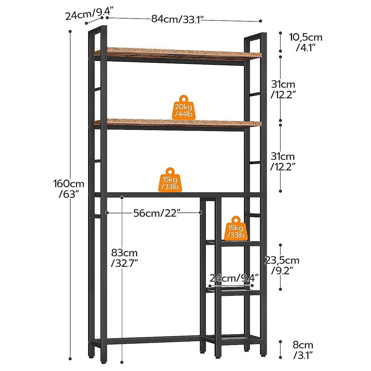 HOOBRO 6-Tier Over The Toilet Storage, Freestanding Bathroom Organizer Space Saver, Mass-Storage Side Storage Open Rack, for Bathroom, Living Room, Laundry, Rustic Brown and Black BF02TS01