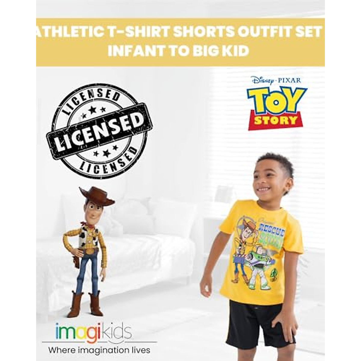 Disney Pixar Toy Story Buzz Lightyear Woody Toddler Boys Athletic T-Shirt and Mesh Shorts Set Yellow 3T