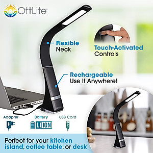 OttLite Recharge LED Desk Lamp with ClearSun LED Technology - Portable, Dimmable & Flexible Gooseneck - Travel-Friendly Task Lamp with Rechargeable Battery - for Home, Reading, Office & College Dorms