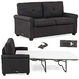 JUBILOOM Pull Out Sofa Couch, Folding Futon Sleeper Bed with 2 USB Ports, Convertible Twin Loveseat Furniture for Compact Small Space, Dorm, Living Room Apartment, Office (Black)