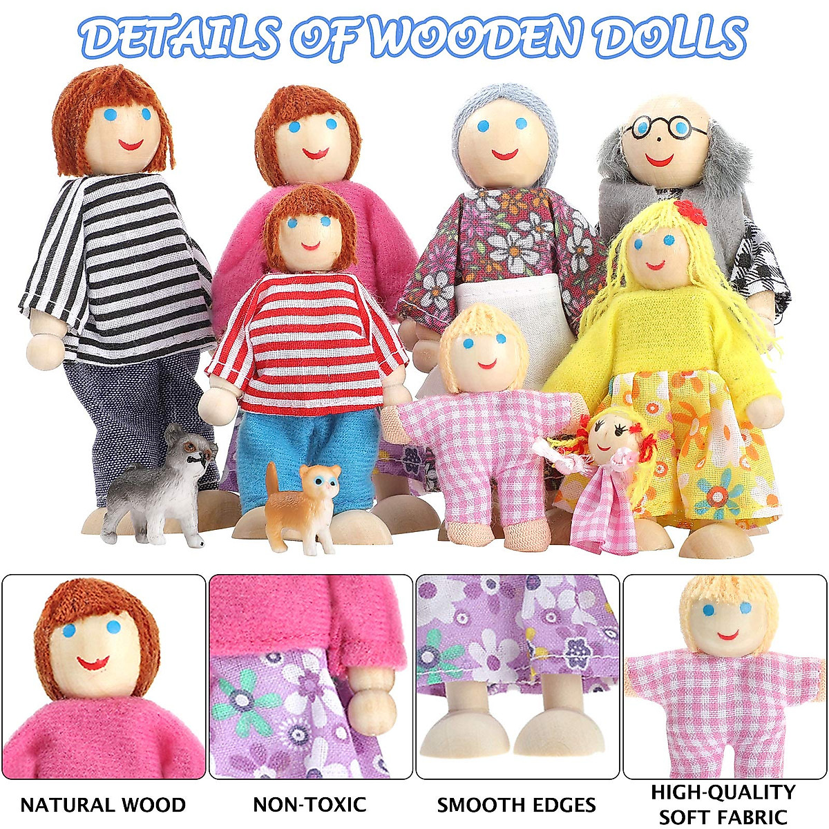 Skylety 10 Pcs Wooden Dollhouse Family Set of 8 Mini People Figures and 2 Pets, Dollhouse Dolls Wooden Doll Family Pretend Play Figures Accessories for Pretend Dollhouse Toy (Classic Style)