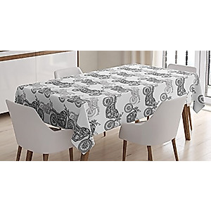 Ambesonne Motorcycle Tablecloth, Realistic Grayscale Illustration of Classic Motorcycles with Many Details, Dining Room Kitchen Rectangular Table Cover, 60" X 84", Black White