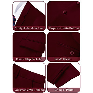 Men's 2 Piece Slim Fit Suit Set, Burgundy Jacket Pants with Tie, Business Wedding Groomsmen Men Suits Tuxedo Set XS