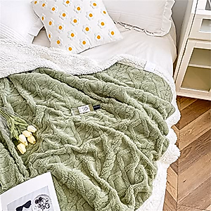 Fleece Plush Throw Blanket, Green Tufted Striped Pattern Fuzzy Sherpa Bed Throw, Soft Fluffy Warm Winter Blanket for Bed Sofa Couch Car 50x60 Inches