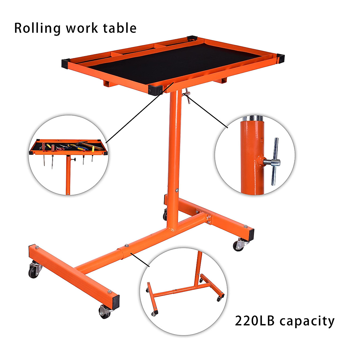 Eisen Mechanics Rolling Work Table, Adjustable Mobile Tray Table for Shop, Garage, DIY. Tool Tray Cable With Wheels. 220 lb. Capacity, orange