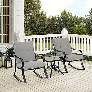 Oakmont Outdoor Furniture 3 Piece Conversation Bistro Set Rocking Chairs and Glass Top Table, Thick Cushions, Black Steel (Grey)