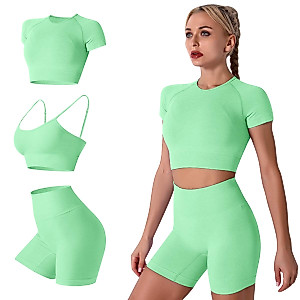 Women's Seamless Yoga Outfits 3 Pieces Workout Short Sleeve Crop Top + Camisole Tank Sports Bra + High Waisted Running Shorts Sets Activewear Athletic Fitness Tracksuit Gym Clothes Mint Green Small