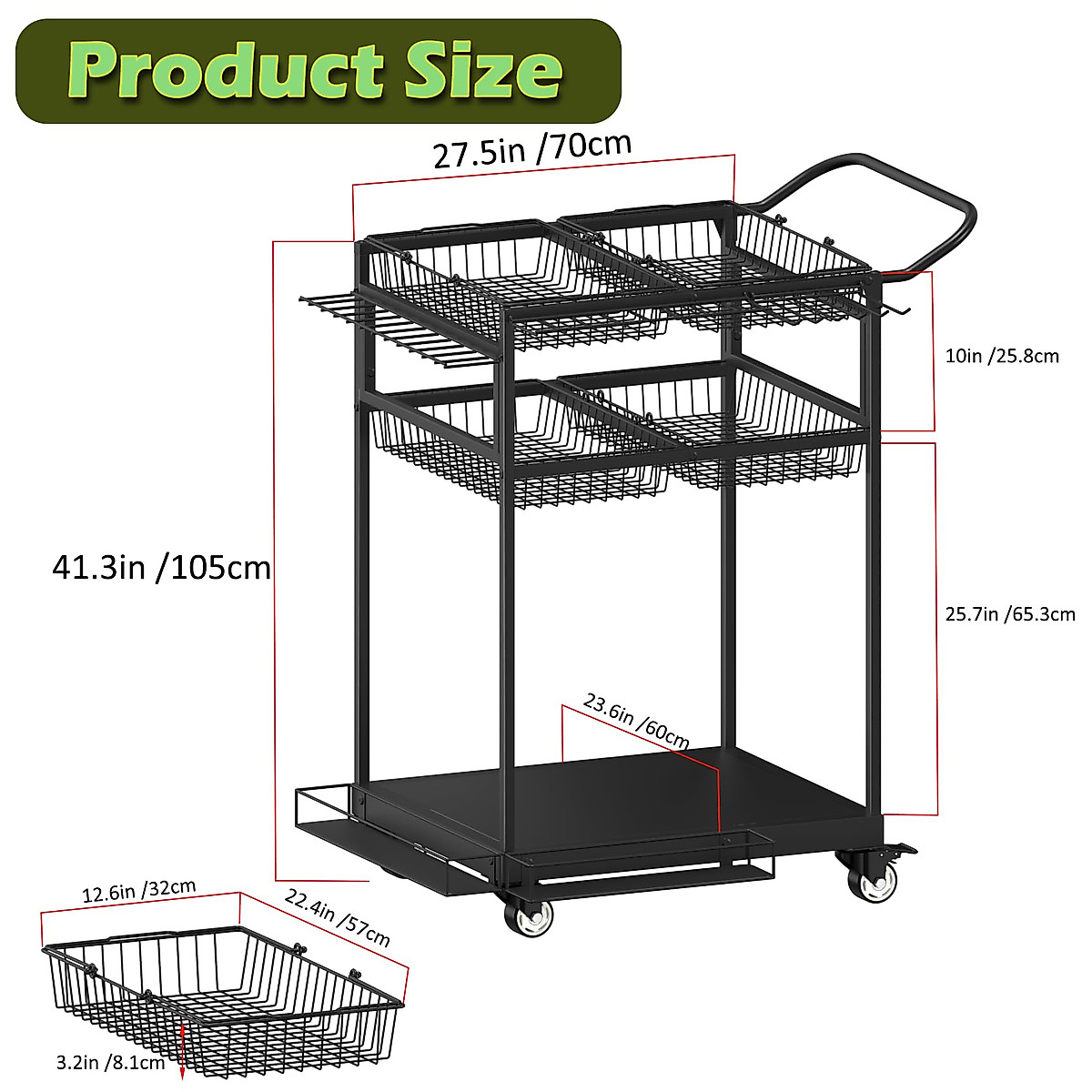 ztysn Yard Tool Organizer for Garage, Garden Tool Rack Heavy Duty Garden Cart Garden Tool Holder Shovel Rack Lawn Tool Storage Utility Shelves Fruit and Vegetable Storage System(70 * 60CM)