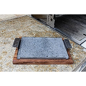 Comal Grill and Serve - 20 x 30 cm Volcanic Stone with Steel Handle Includes Wooden Base