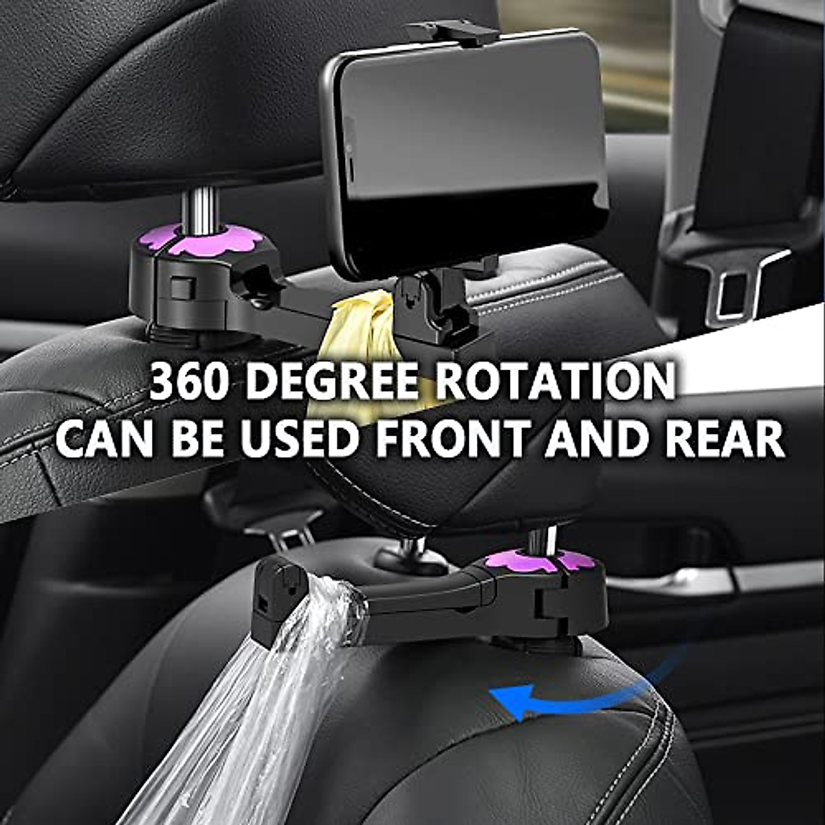 2 Pack of Upgraded 2 in 1 Car Seat Hooks 360 ° Rotation, with Cell Phone Holder, Hidden Seat Hooks, Can Hang Handbags, Purse, Toys, Groceries, Hook (2pcs-Purple)