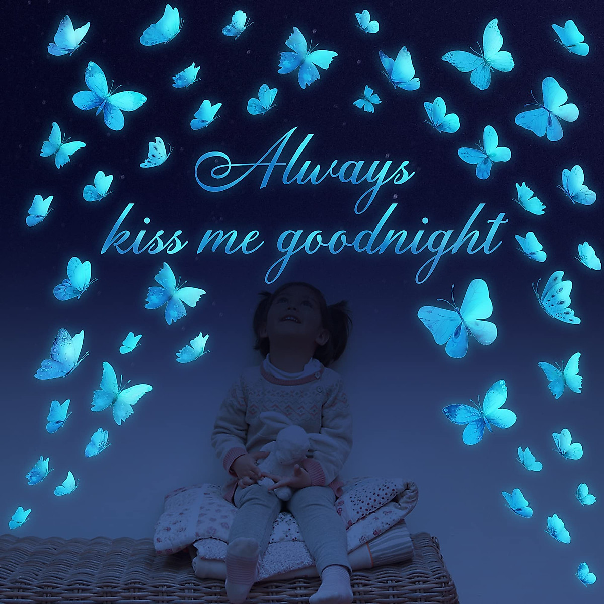 Butterfly Wall Decor Stickers Glow in The Dark Butterfly Wall Decals Peel and Stick Luminous Butterflies Always Kiss Me Good Night Decals Positive Quotes for Girls Kids Ceiling Bedroom Living Room